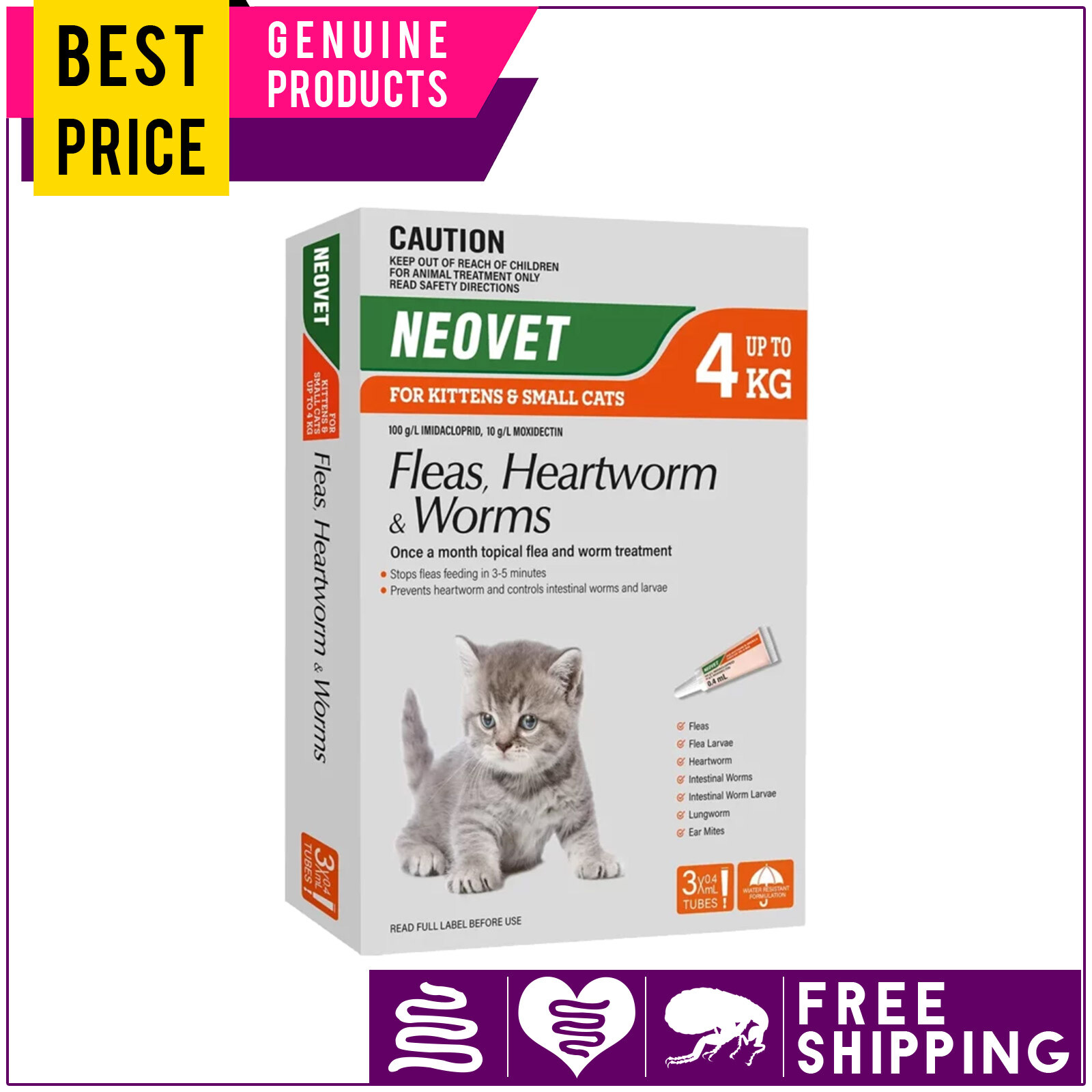 Neovet Flea Heartworm Worm Control for Cats All Sizes 3 Doses | eBay ...