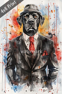 Gangster dog Labrador with a suit watercolor Art 4x6 Print | eBay