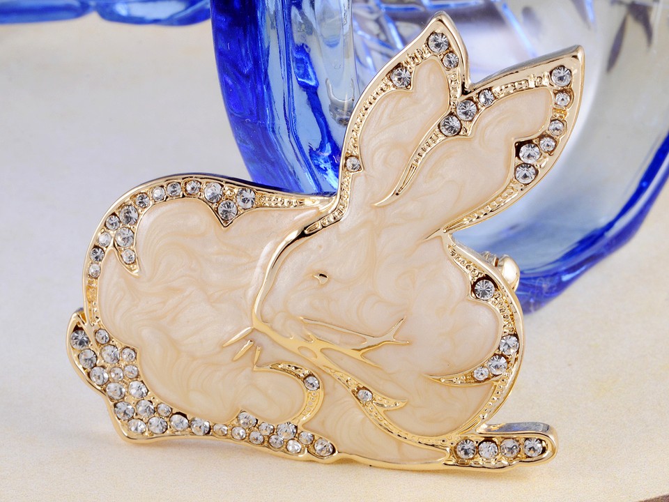 Womens Gold Tone Clear Rhinestones Blush Rabbit Bunny Hare Brooch Pin ...