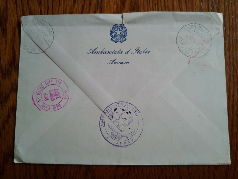 VERY RARE USAGE ITALY EMBASSY, JORDAN “EMBASSY SEAL” REG COVER TO USA ...