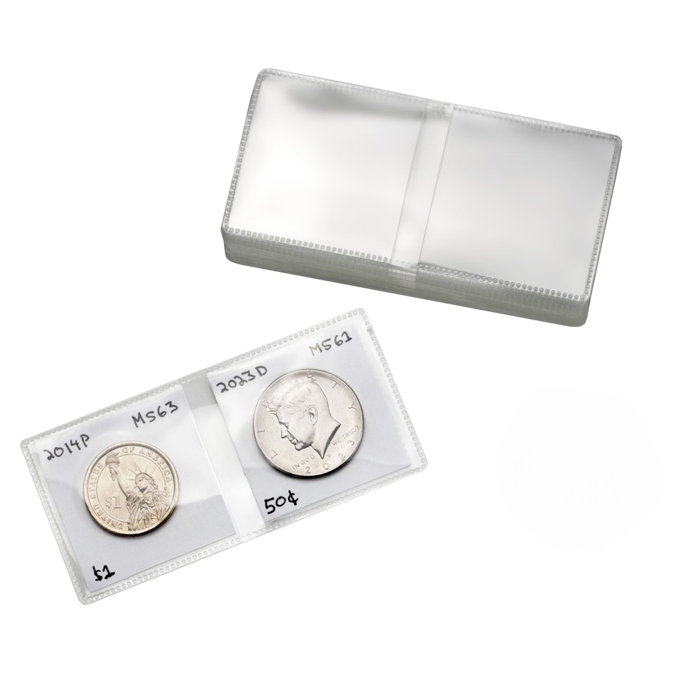 100 2x2 Double Pocket Vinyl Coin Holder Clear Plastic Flip Safe PVC ...