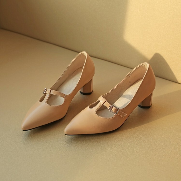Nice Women Pumps Square Mid Heels T-Strap Soft Leather Shoes Woman Big ...