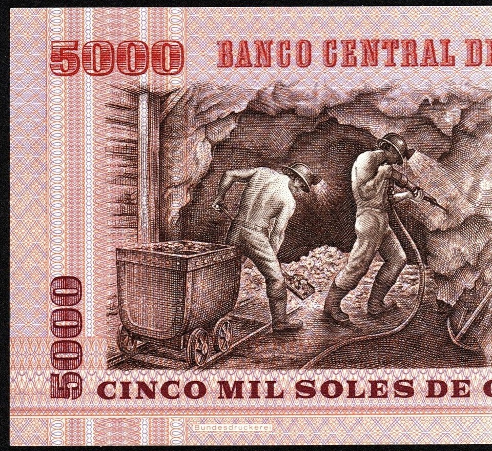 PERU 5000 SOLES DE ORO BANKNOTE CURRENCY 1985 SERIES B-C - UNCIRCULATED ...