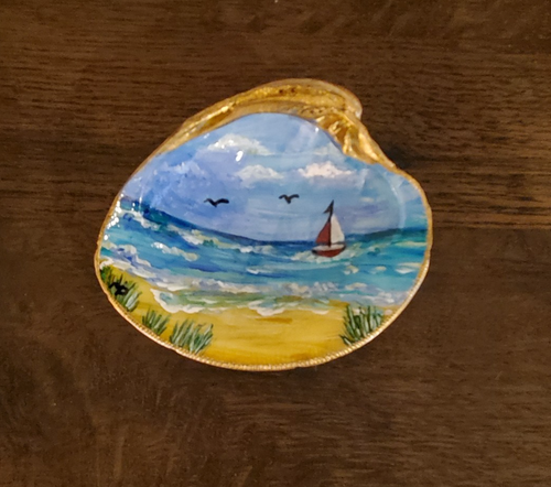 Seashell Hand Painted Beach, Sailboat and Ocean with Birds Gold Leaf ...