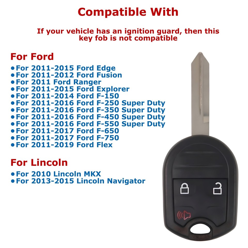 2x New Remote Key Fob Replacement For Ford and Lincoln 164-R8070 4D63 ...