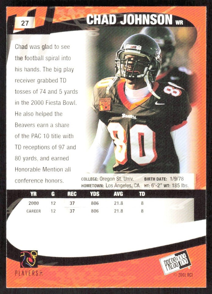 2001 7441B Press Pass Chad Johnson Rookie Oregon State Beavers #27 | eBay