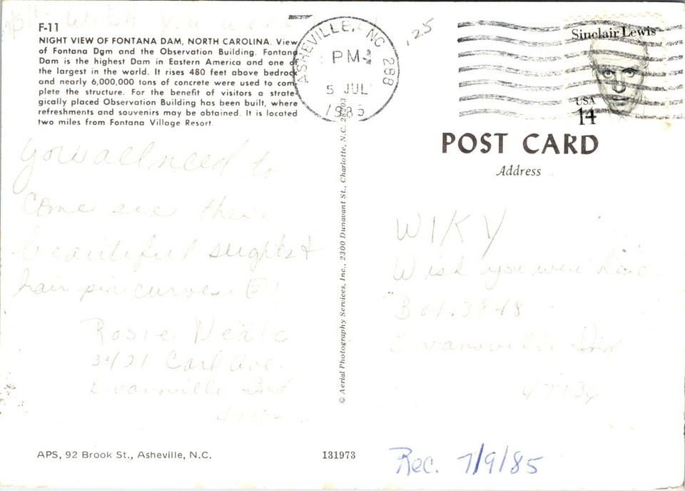 Postcard Aerial View Night View Fontana Dam Western North Carolina C29 ...