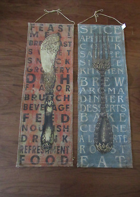 FORK & KNIFE FOODIE UTENSILS on SCRIPT WORDS PAINTED BURLAP WALL ...