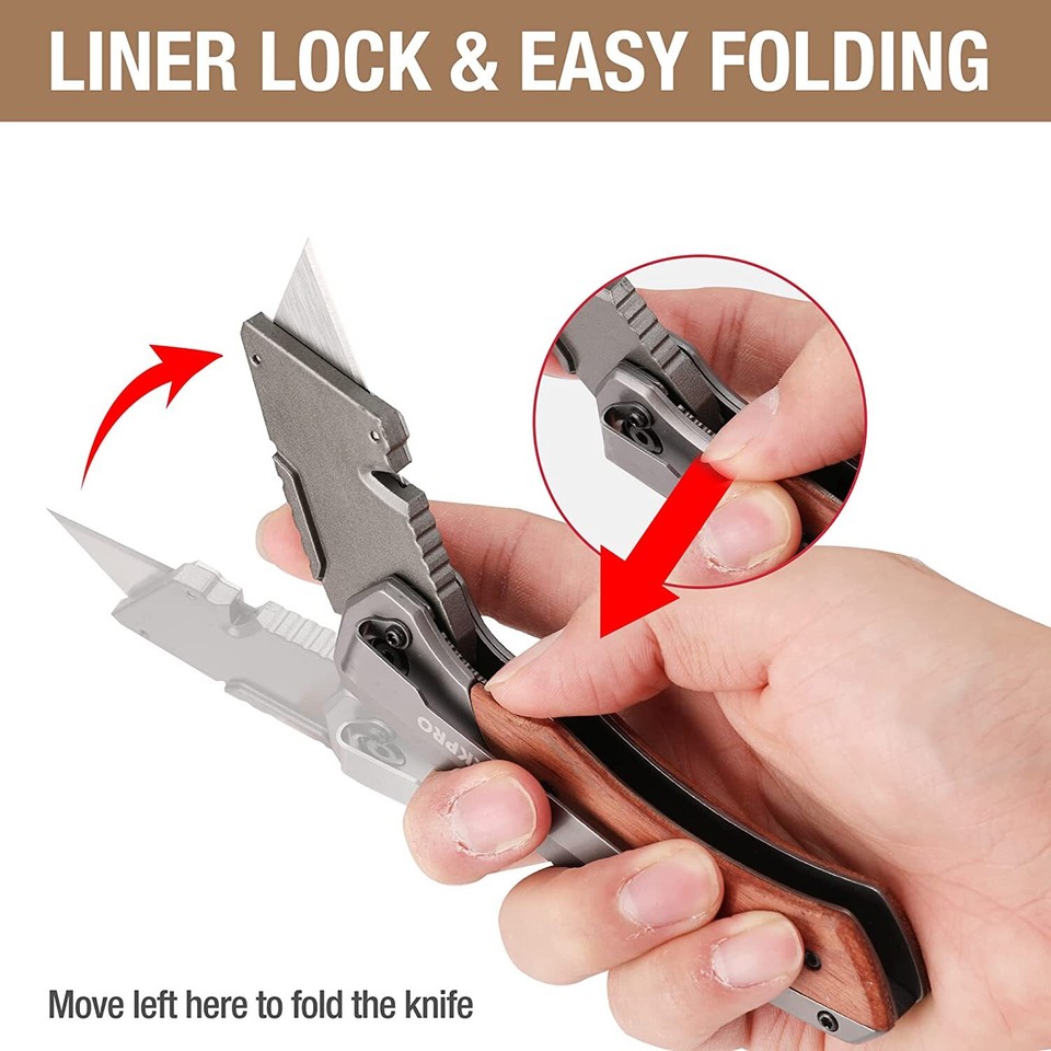 WORKPRO Folding Utility Knife Box Cutter Wood Handle Razor Knife ...