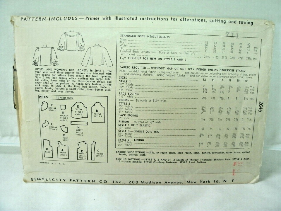 VTG 1940-50's SIMPLICITY Pattern--#2645--Ms/Women's--Bed Jacket---Sz.12 ...