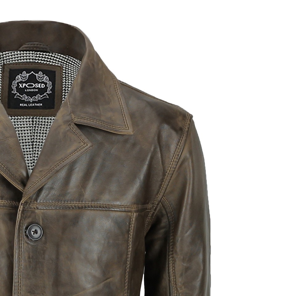 Mens Retro Style Real Leather Reefer Jacket Mid Length Coat in Antiqued ...