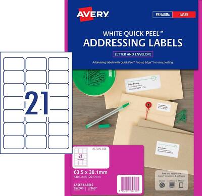 Avery L7160 Laser Address Labels White 21 Per Page 20 Pack - 952000 ...