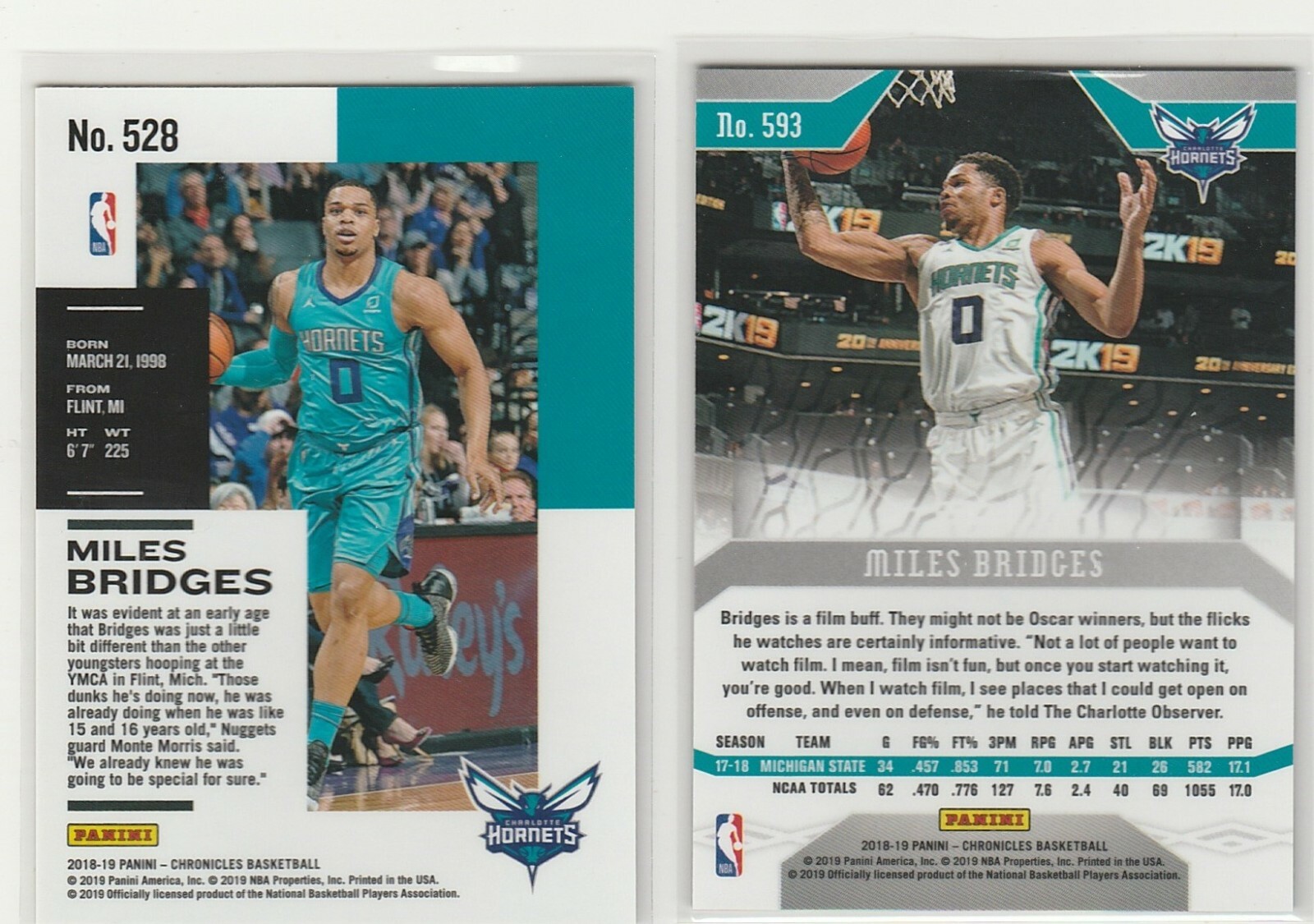 MILES BRIDGES. 2018-19 CHRONICLES ROOKIE LOT (2) OPTI CHROME + PHOENIX ...