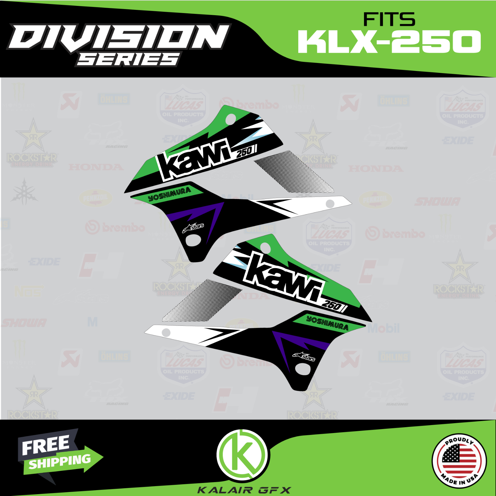 Graphics Kit for Kawasaki KLX250 (2008-2020) KLX 250 Division - Green ...