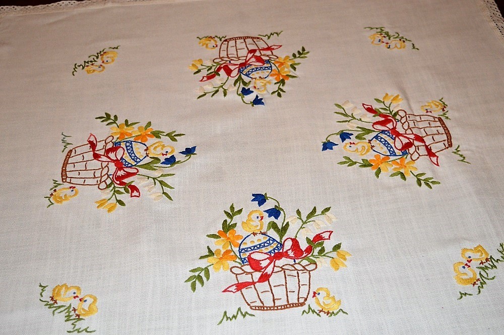 EASTER CHICKS & SPRING BASKET TIED WITH RED BOW! VINTAGE GERMAN ...