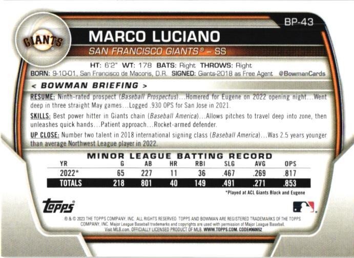 2023 BOWMAN PROSPECTS MARCO LUCIANO PAPER BASE BASEBALL CARD #BP-43 | eBay