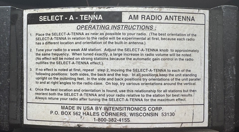 SELECT-A-TENNA AM Radio Signal Booster Antenna Extender Mid Century MCM ...