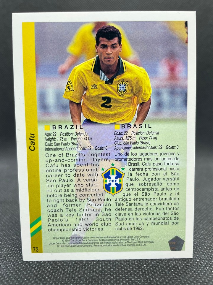 CAFU 1993 UPPER DECK WORLD CUP PREVIEW ENGLISH/SPANISH CARD #73 | eBay