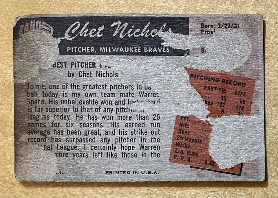 Chet Nichols Autograph 1955 Bowman Baseball #72 Milwaukee Braves Low ...