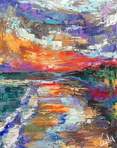 Impasto Sunrise Sunset Ocean Seascape Landscape Oil Painting Canvas ...