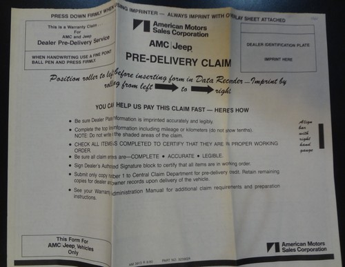 NOS AMC/Jeep Dealer Pre-Delivery Service inspection Checklist/Claim ...