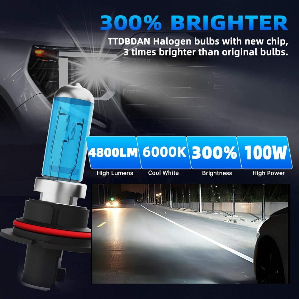 9004/HB1 Halogen Headlight Super Bright Bulbs Kit White 6000K High/Low ...