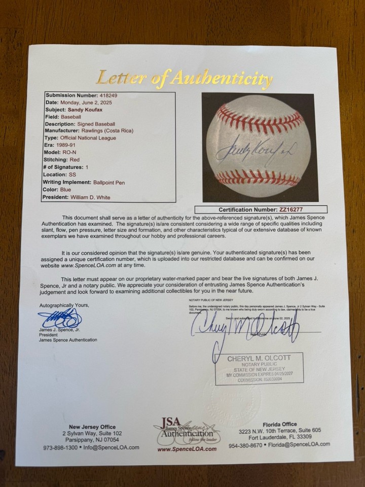 Sandy Koufax Signed Autographed National League Baseball Ball JSA LOA ...