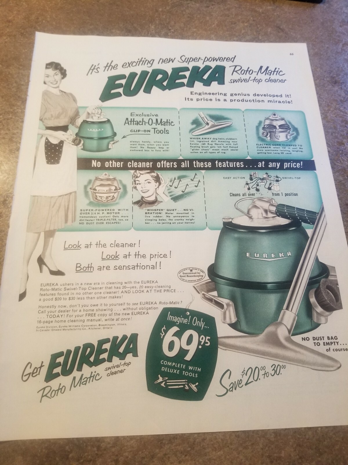1952 Vintage Print Ad Eureka Rotomatic Swivel Top Cleaner. Super ...