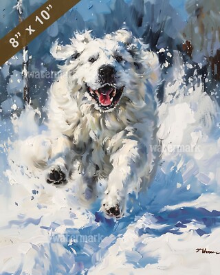 Great Pyrenees running in the snow painting 8x10 Print | eBay