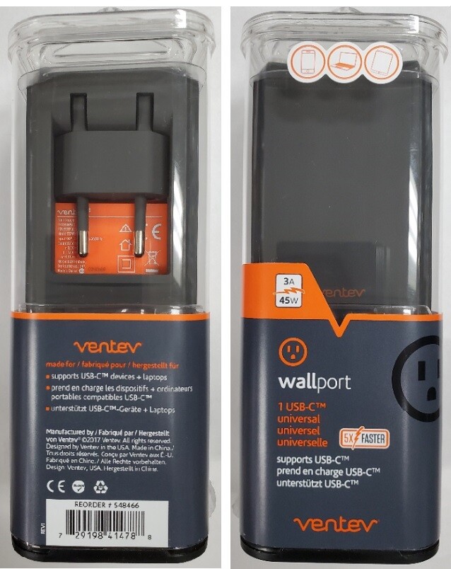 Ventev 45W/3Amp Wallport PD1300 USB-C Travel Charging Adapter (EU Version/2-Pin) - International ...