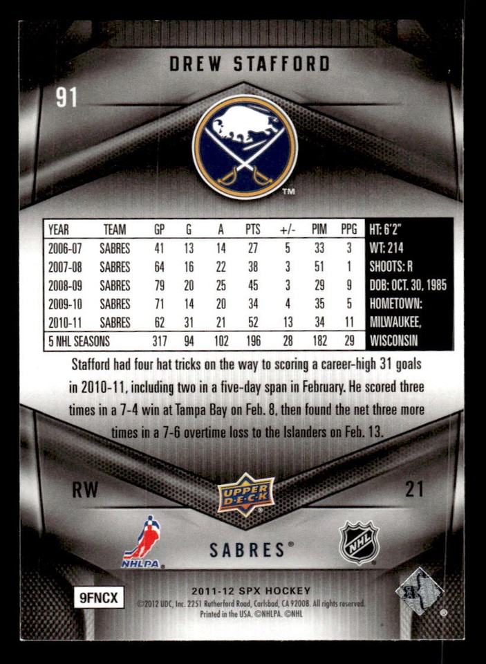 Drew Stafford 2011 SPx #91 Buffalo Sabres | eBay