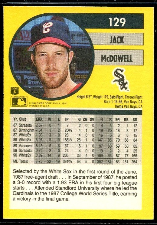 1991 Fleer Baseball Jack McDowell #129 Chicago White Sox | eBay