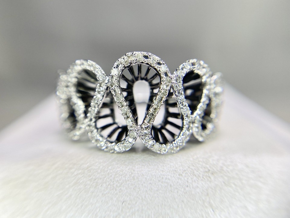 10k White Gold Designer Round Single Cut Diamond Wavy Cocktail Ring | eBay