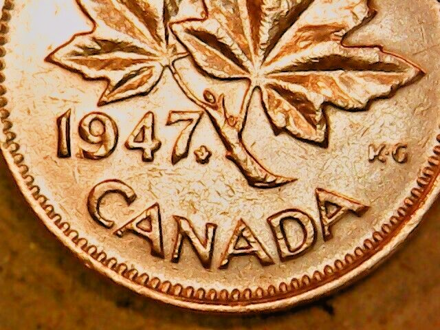 1947 Canada Cent AU Red-Brown Pointed 7 Maple Leaf King George VI ...