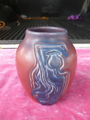 RARE ARTS & CRAFTS INCISED ROOKWOOD VELLUM MATTE GLAZE VASE BY ALICE ...