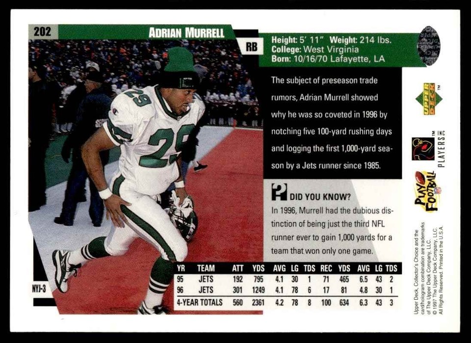 Adrian Murrell 1997 Collector's Choice #202 New York Jets 31170 | eBay