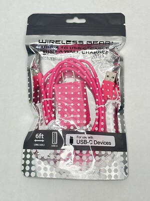 Wireless Gear USB-A to USB-C Cable & USB-A Wall Charger, Pink 6Ft Cable ...