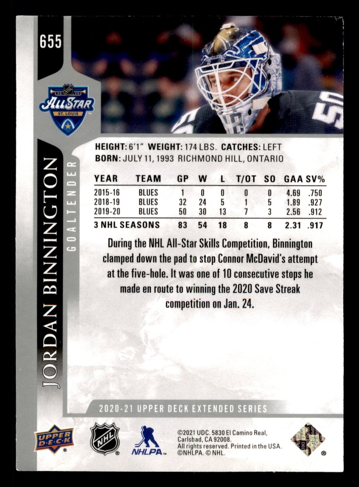 2020 Upper Deck Jordan Binnington #655 AS St. Louis Blues | eBay