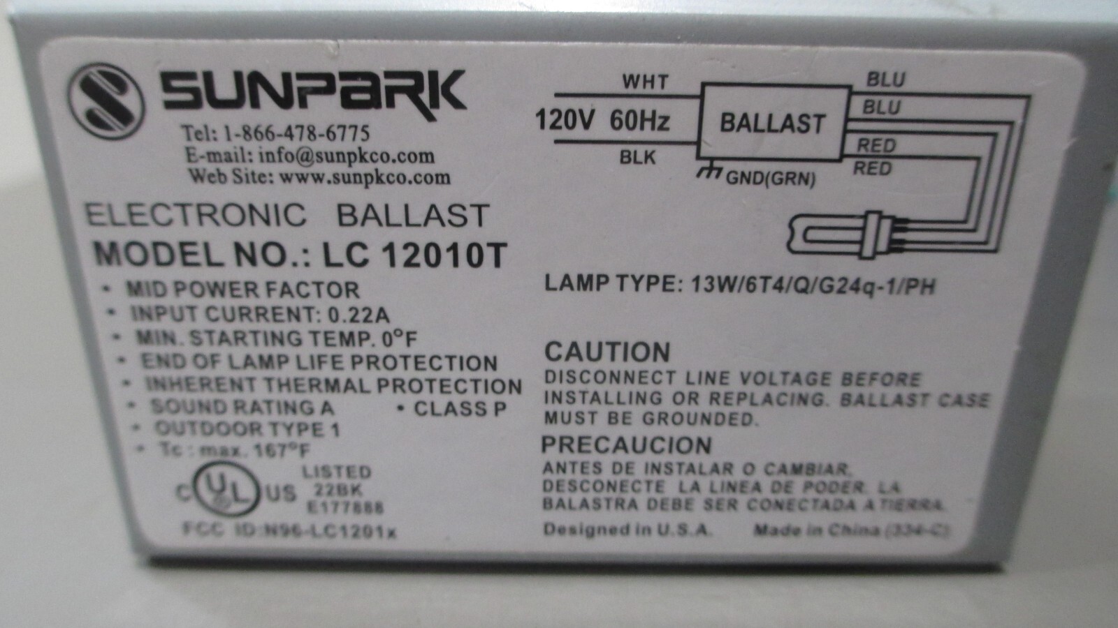 Electronic Compact Ballast Fluorescent Model Sunpark LC12010T 13watt ...