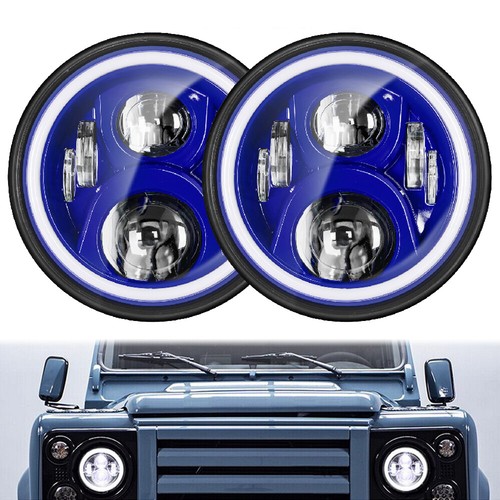 2x 7'' Round Blue LED Headlights Hi/Lo Beam DRL For Land Rover Defender ...