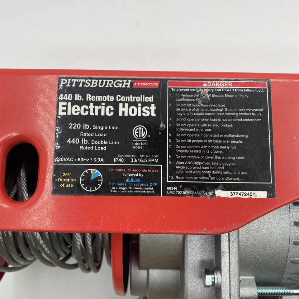 PITTSBURGH AUTOMOTIVE, ELECTRIC HOIST, 60346, 440 LB | eBay