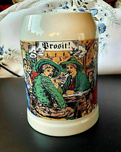 Prosit German Beer Stein real vintage porcelain beer mug handpainted ...