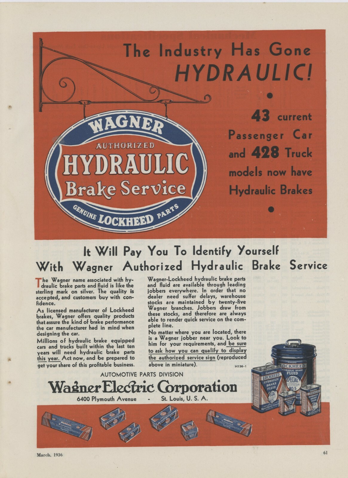 1936 Wagner Brake Service Advertisement: Wagner Electric Corp ...