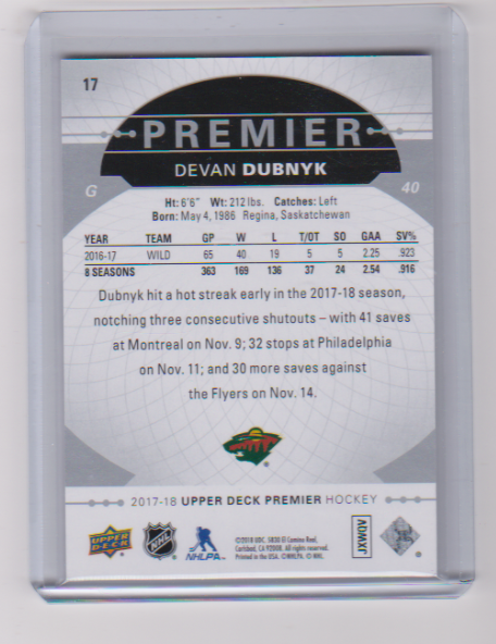 2017 2017-18 UD PREMIER DEVAN DUBNYK BASE CARD 214/249 17 MINNESOTA ...
