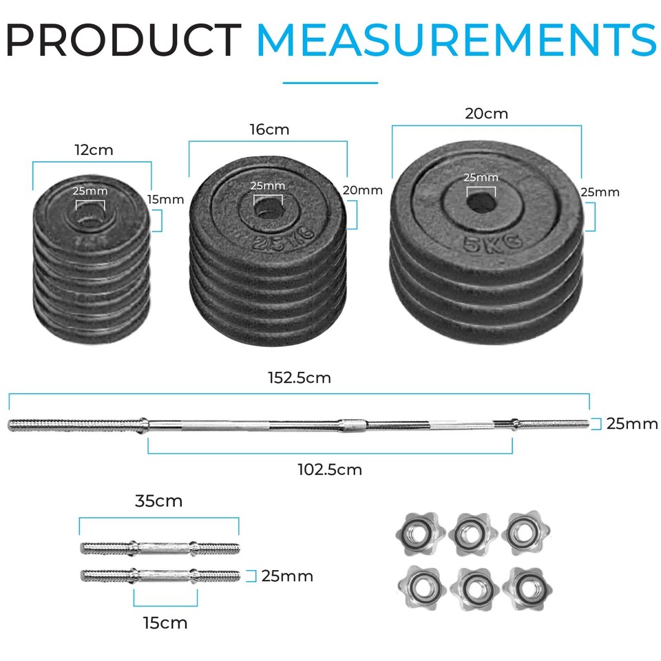 50KG Dumbbell & Barbell Weight Set Cast Iron Carry Case Body Building ...