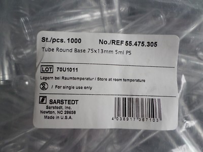 (1000) Sarstedt Test Tubes Round Base 75 x 13mm, 5mL PS, 55-475-305 | eBay