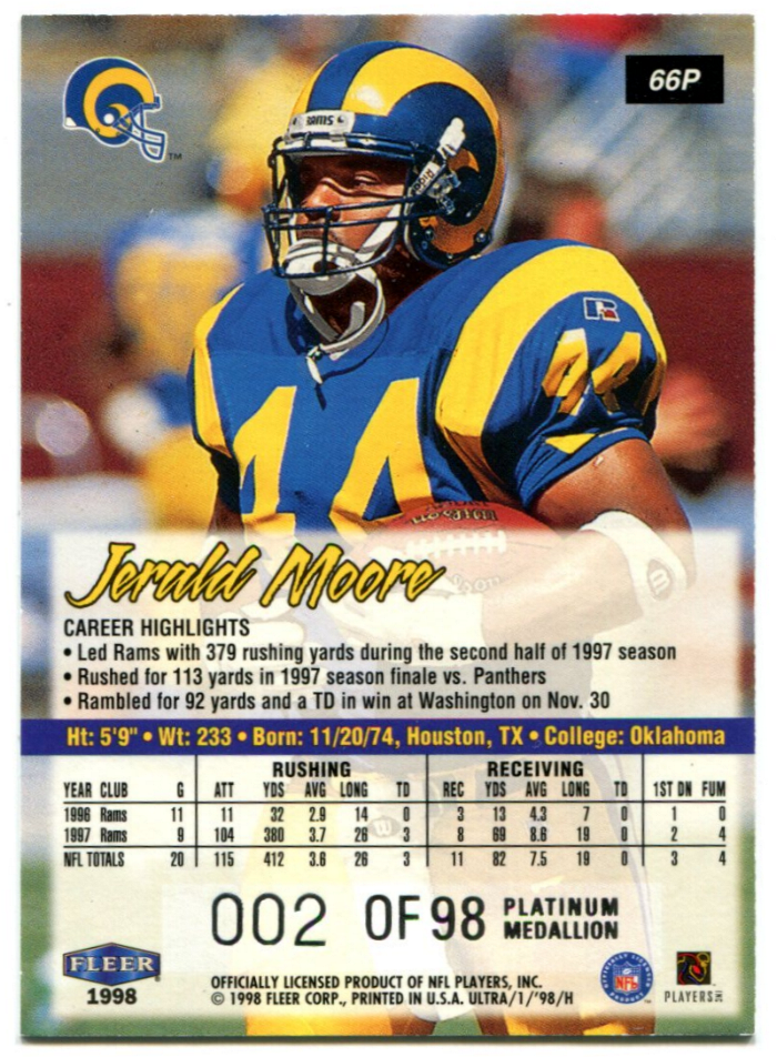 1998 Fleer Ultra #66P Jerald Moore Platinum Medallion 002/98 NM St ...