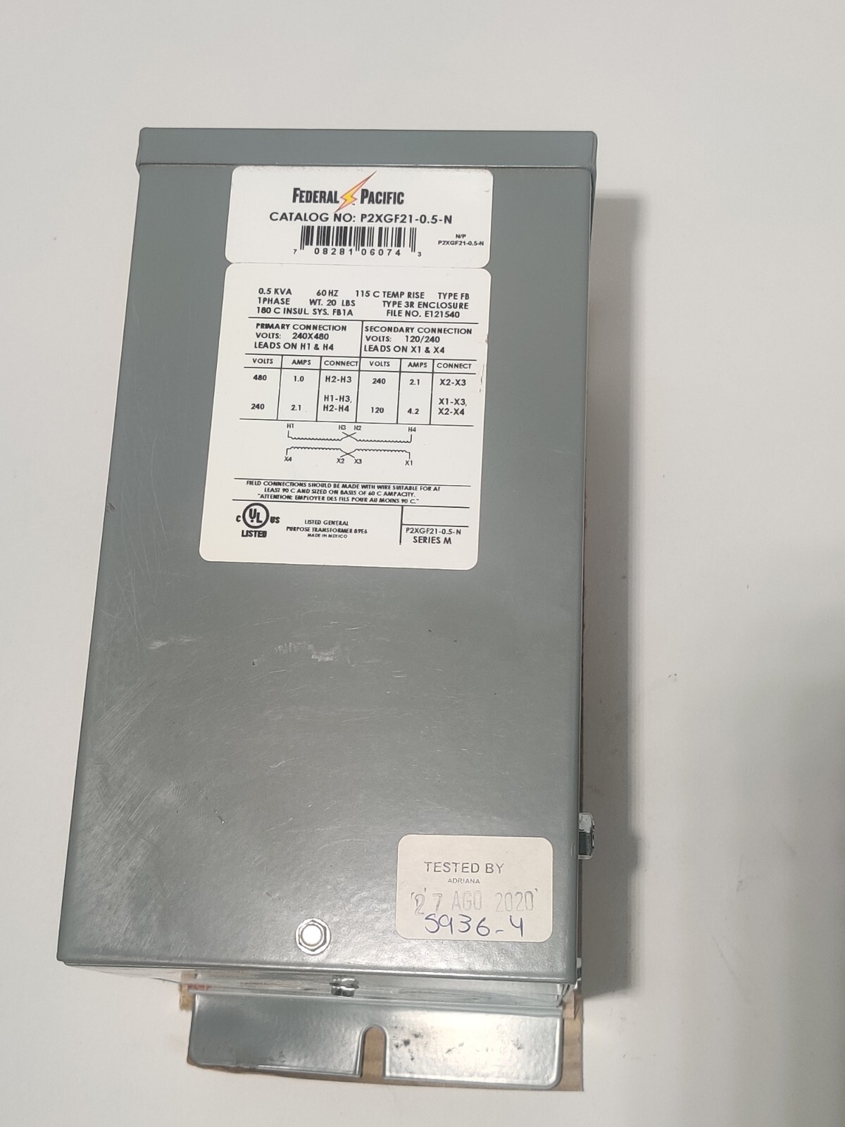 New P2XGF21-0.5-N Federal Pacific 0.5 KVA Transformer. 240x480V Pri 240 ...