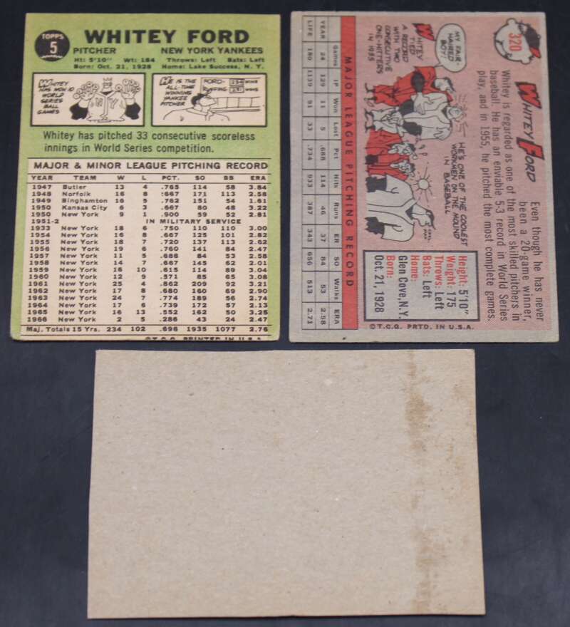 (3) Whitey Ford Vintage Lot Topps 1958 #320 1967 #5 1962 Post #9 ...