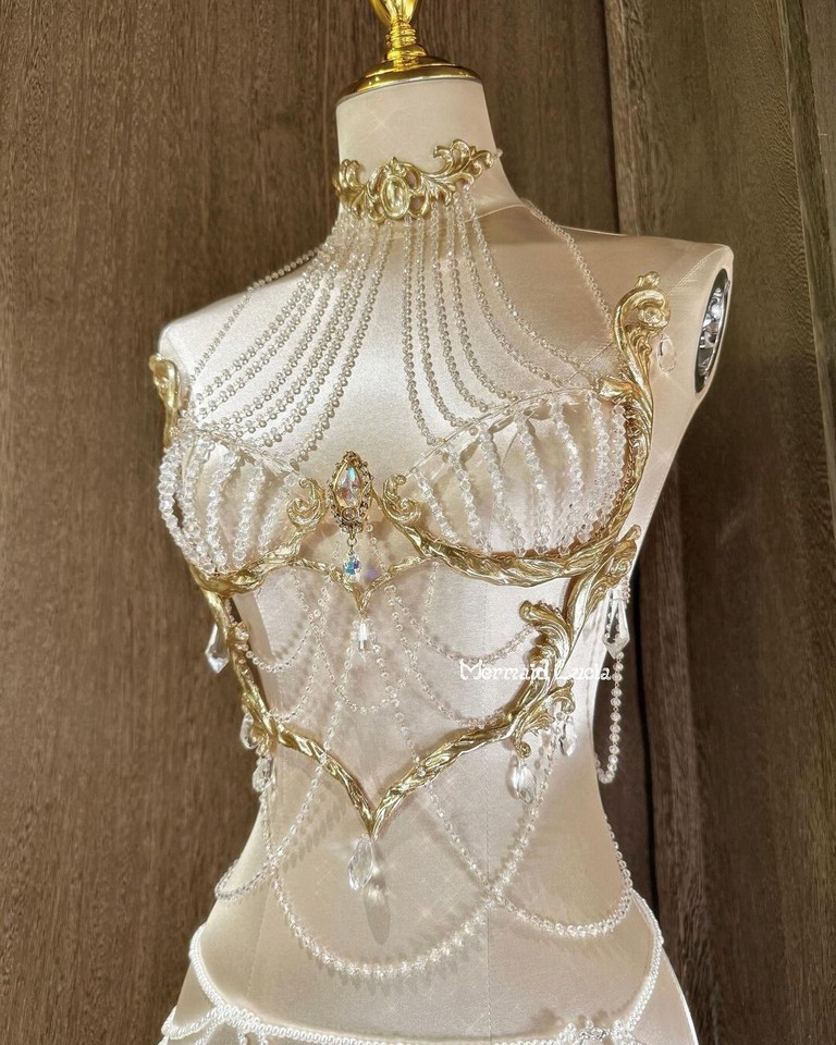 Luxurious Crystal Diamond Queen Resin Porcelain Mermaid Corset Bra Top ...